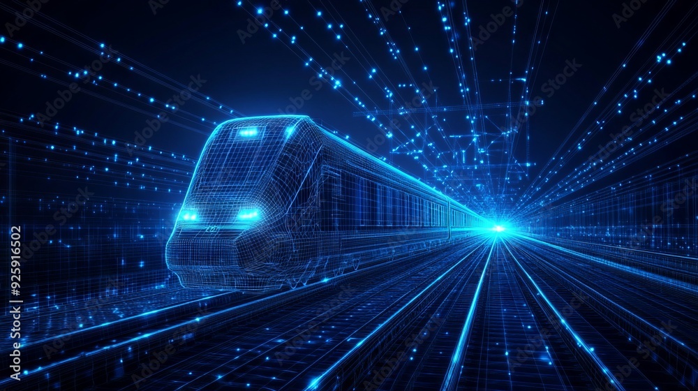 Abstract polygonal 3d wireframe of modern train at railway station or ...