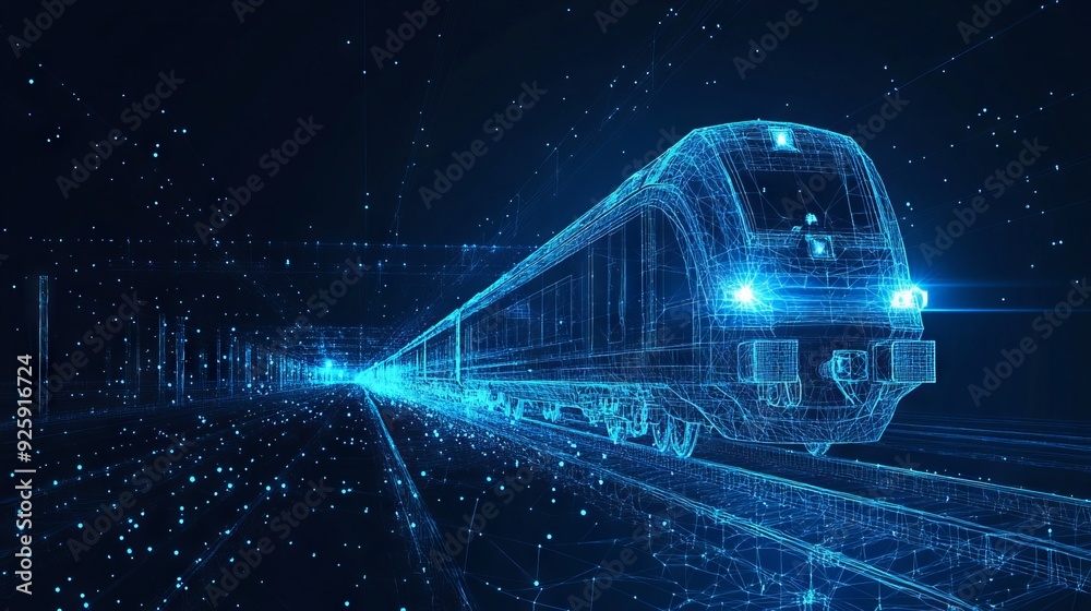 Abstract polygonal 3d wireframe of modern train at railway station or ...