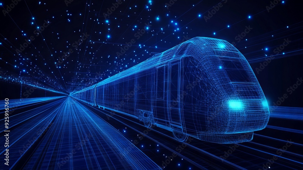 Abstract polygonal 3d wireframe of modern train at railway station or ...