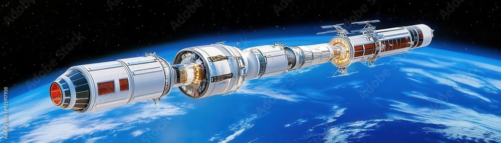 A futuristic space station orbiting Earth, with rotating modules ...