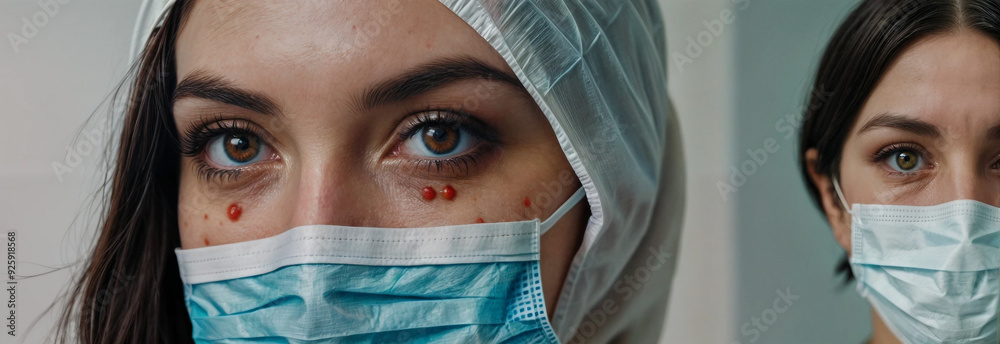 women infected with monkey pox virus wearing face mask, Blisters and ...