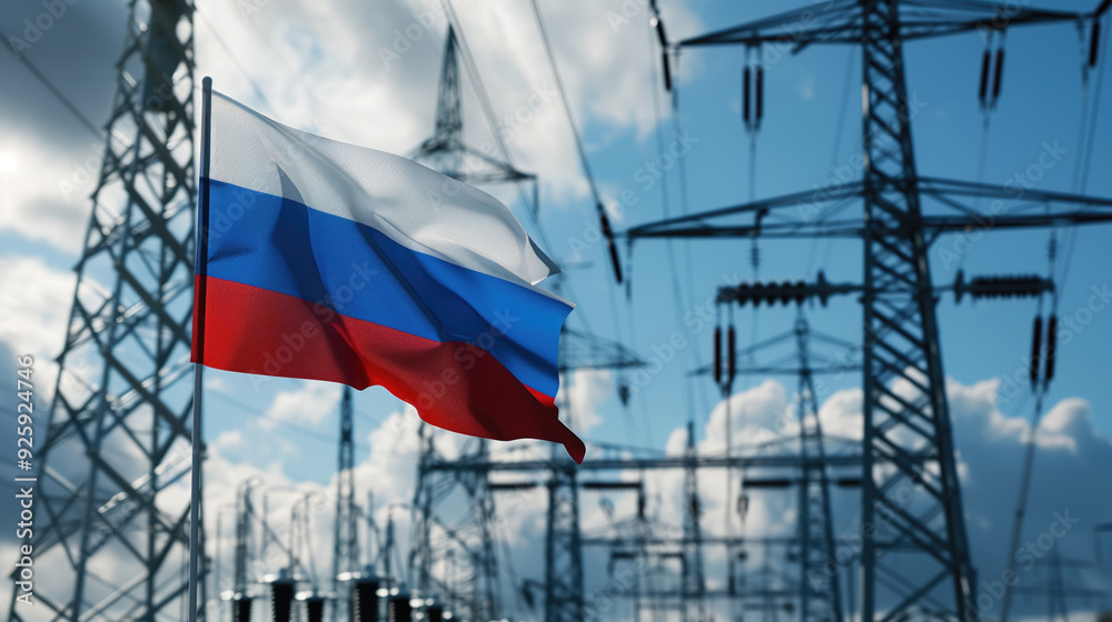 Russian flag waving in front of power lines and electrical ...