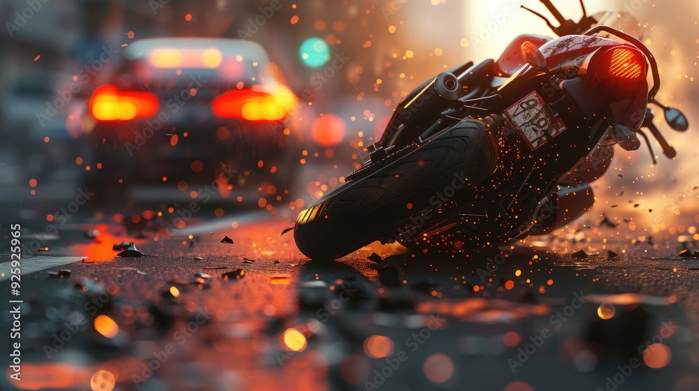 Dynamic crash scene of a motorcycle on wet city street with glowing ...