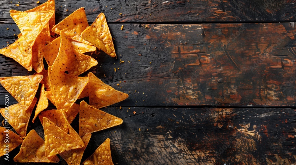 Crunchy nacho chips scattered on rustic dark wooden surface with crumbs ...