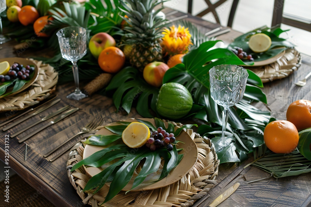 Tropical table setting with palm leaf plates, bamboo cutlery, and a ...