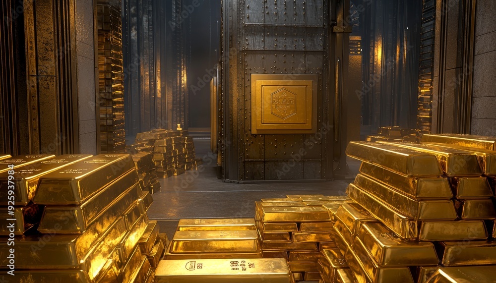 A close-up shot of a gleaming gold bar inside a giant vault, with rows upon rows of gold bars ...