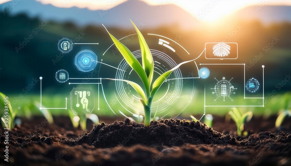 Smart plant growing, growing corn seedling alongside info graphics that ...