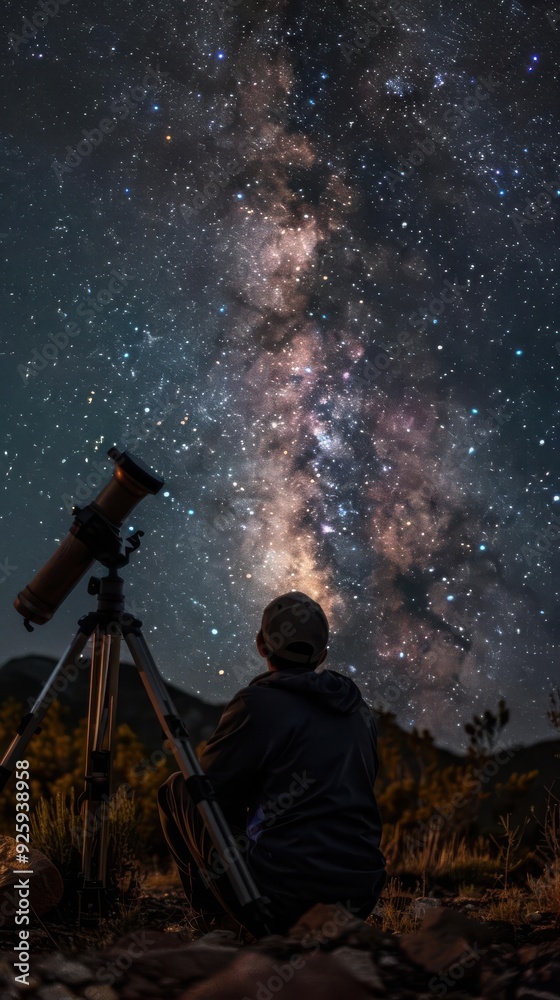 Person stargazing with a telescope under the night sky, revealing the ...