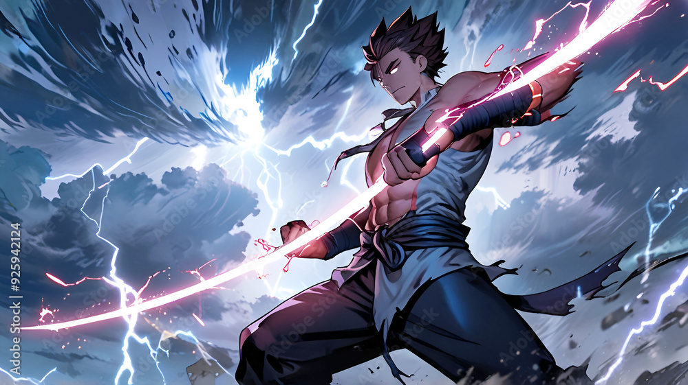 Anime fighter character with fierce, glowing eyes, spiky hair, and a ...