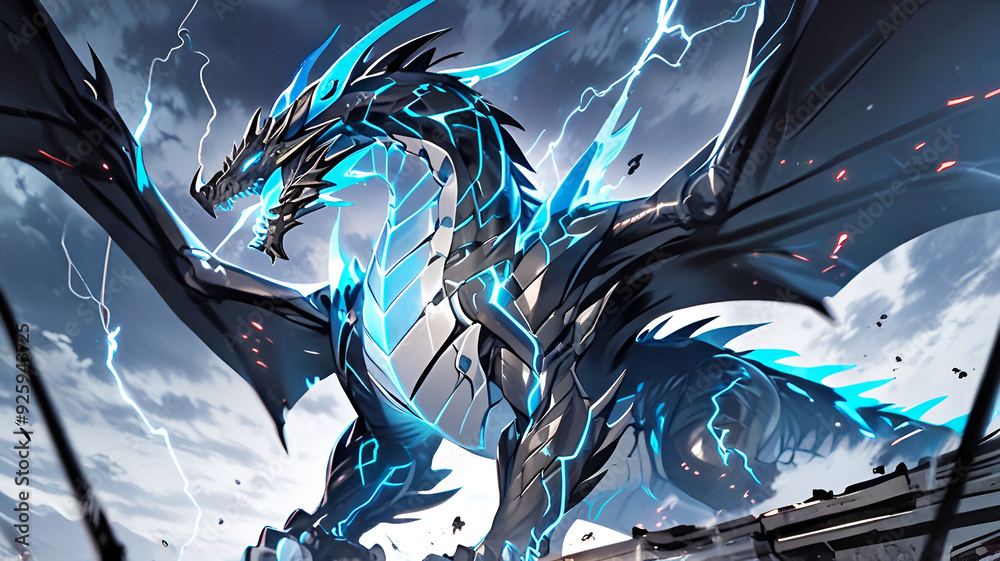 Anime-style dragon in a fierce, dynamic pose. The dragon has sleek ...