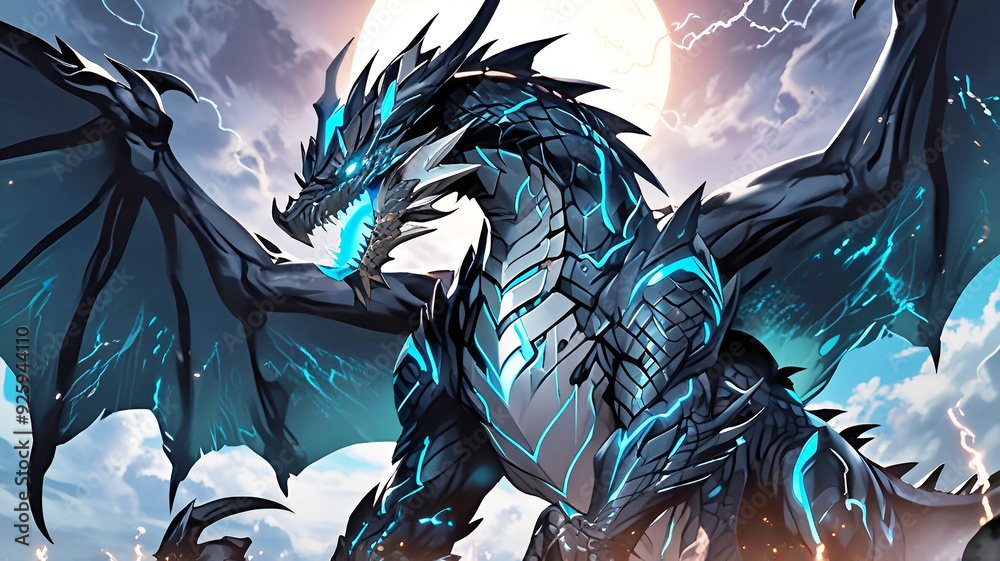 Anime-style dragon in a fierce, dynamic pose. The dragon has sleek ...