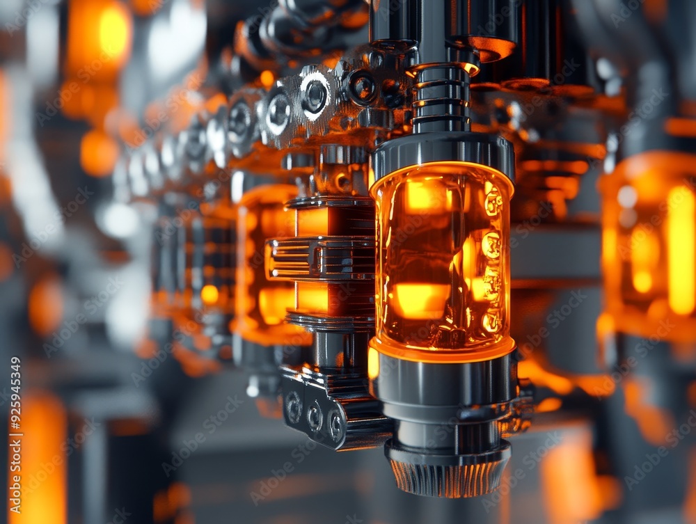Symmetrical 3d engine with spark plugs, cogs, pistons in orange and ...