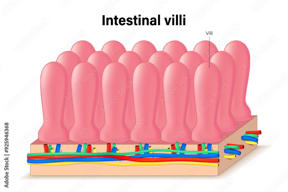 Intestinal villi. Cross section of intestinal jejunum. Digestive organ ...