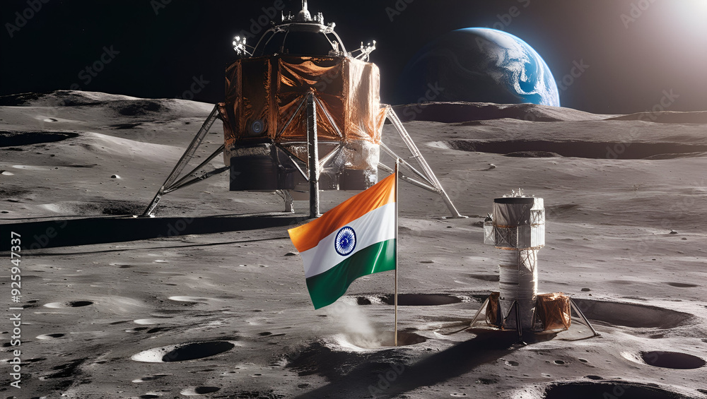 Chandrayaan 3 landing on the moon with the Indian national flag ...
