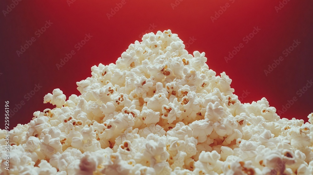 A dramatic low-angle shot of a giant popcorn mountain, with fluffy ...