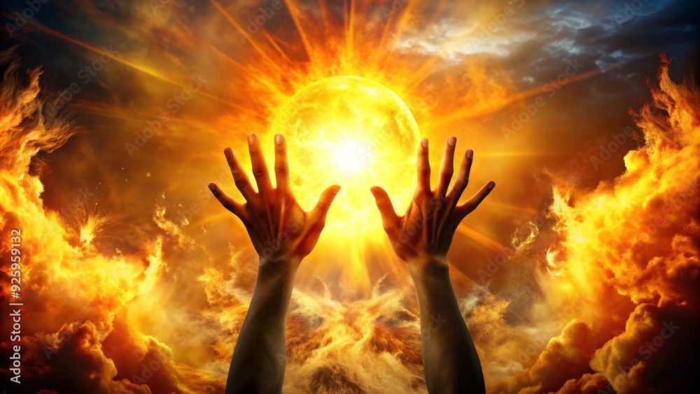 Reaching for the Divine Two hands outstretched towards a fiery orb in a ...