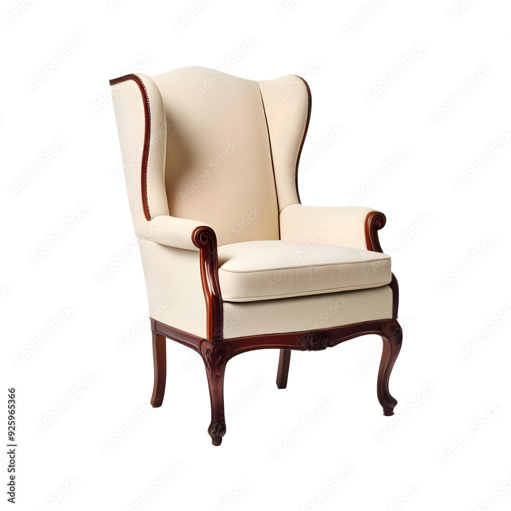 Isolated Cherry wood and ivory wingback chair on a transparent ...