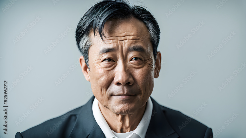 Portrait of a middle-aged South Korean man, frontal photo, facing the ...