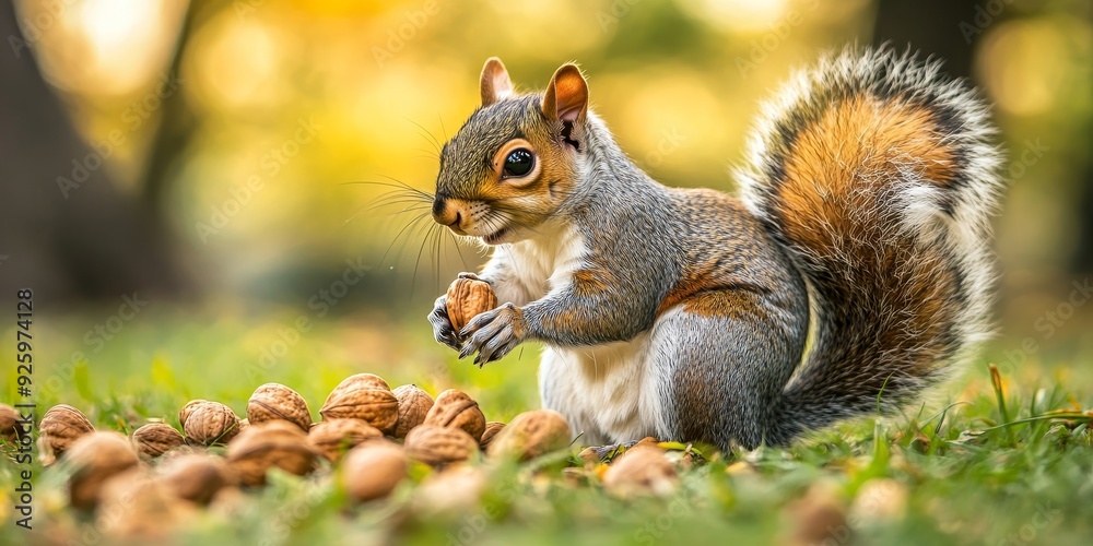 Macro shot of a squirrel foraging for nuts in a park, highlighting the ...