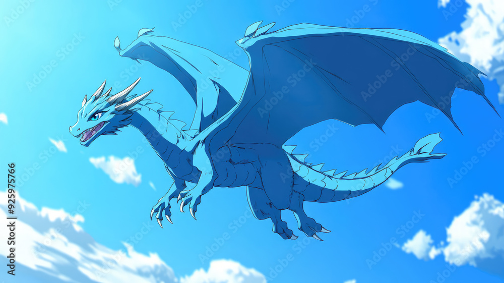 japan anime blue dragon cartoon flying with blue sky background, high ...