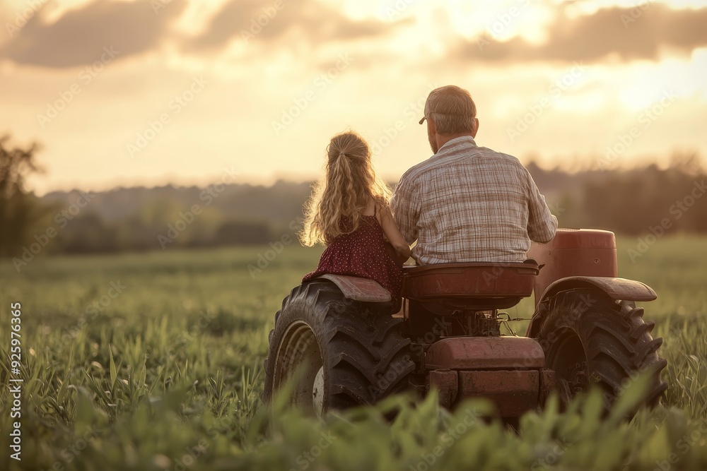 Generational farming farmer father and daughter on tractor, legacy of ...