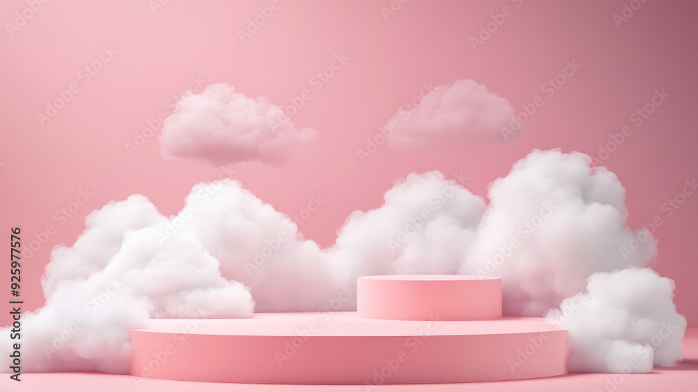 pink plinth stage with clouds. podium background for product display ...