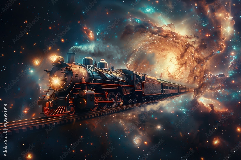 Vintage Steam Locomotive Train Speeding Through Space Wallpaper Sci Fi Railway Track Background