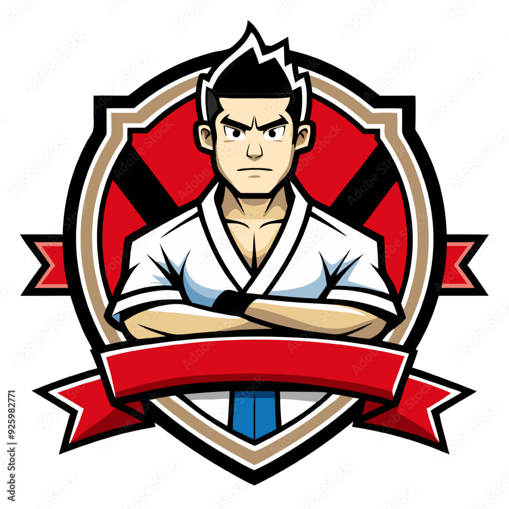 Karate Master Emblem: A fierce and determined karate master stands with ...