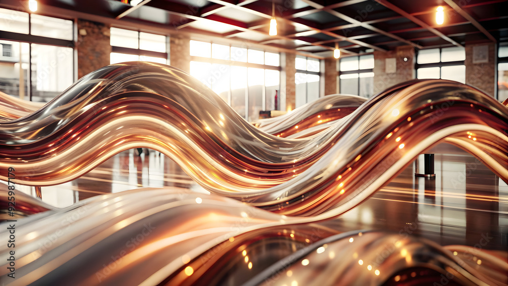 Dynamic AI-powered workspace with abstract waves and digital elements ...