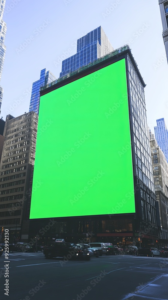 A large green screen on a New York City building, featuring a bold and ...