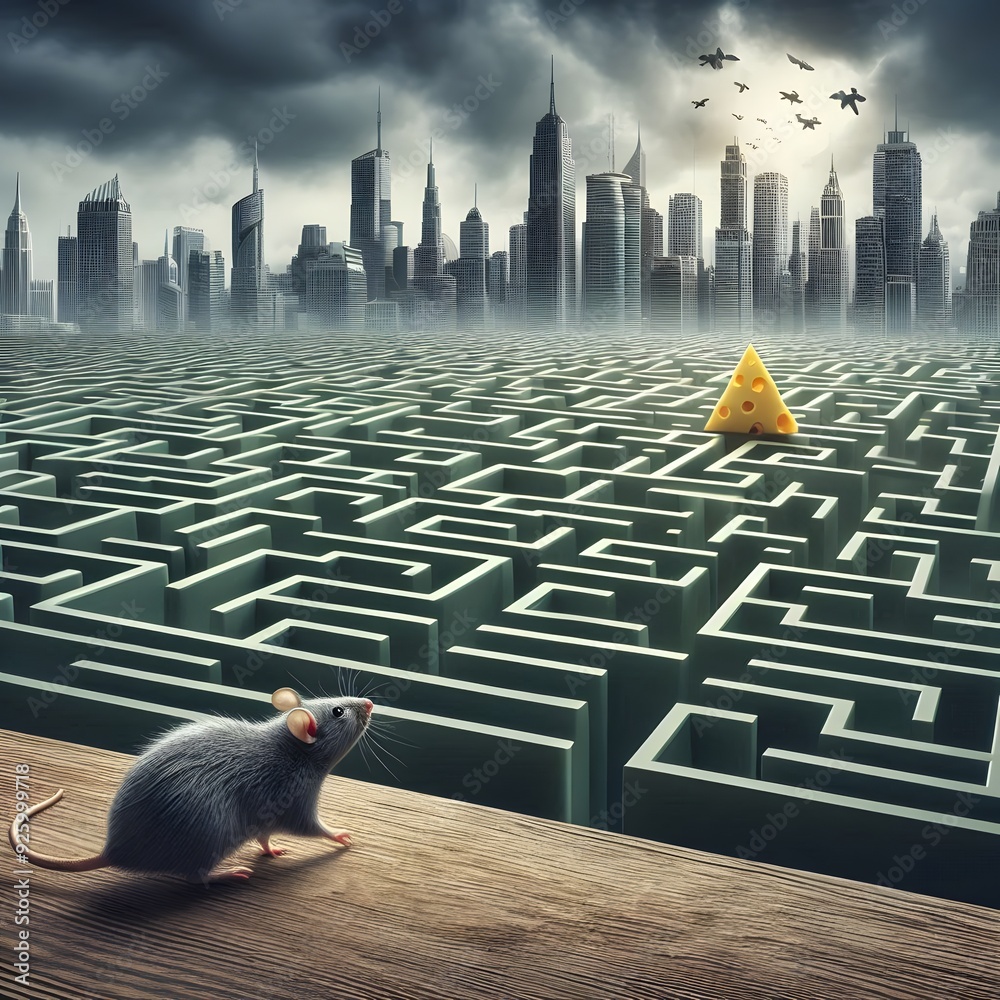 A literal rat navigating a complex maze, representing the challenges and confusion of the rat ...