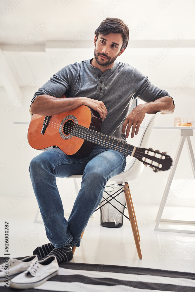 Playing, thinking and man with guitar in home for performance, music ...