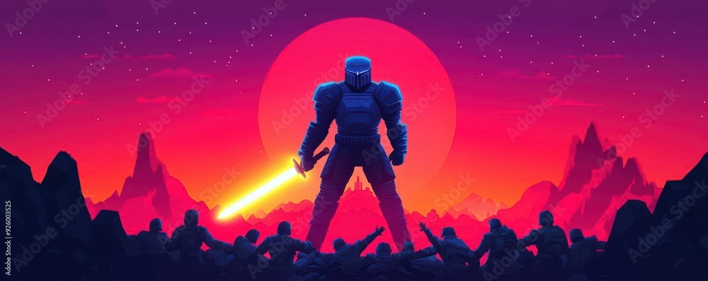 A digital warrior with a glowing sword standing over a defeated army of ...