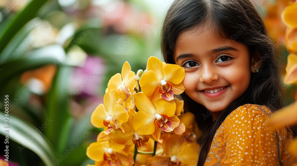 child and orchid, kid with orchid plant, orchid child, youth tending to ...