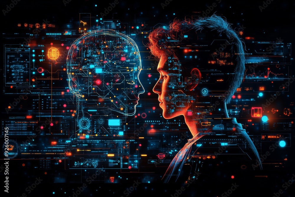 A programmer analyzing complex code, with symbols of AI, algorithms, and neural networks ...