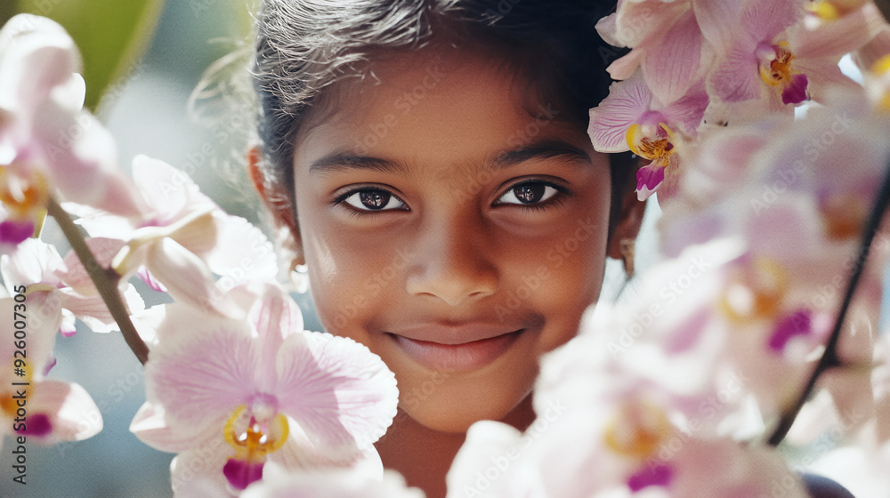 child and orchid, kid with orchid plant, orchid child, youth tending to ...