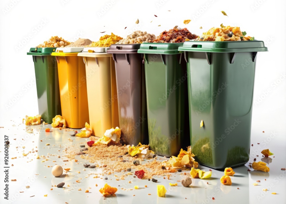 Freshly sanitized garbage bins lined up on a crisp white background ...