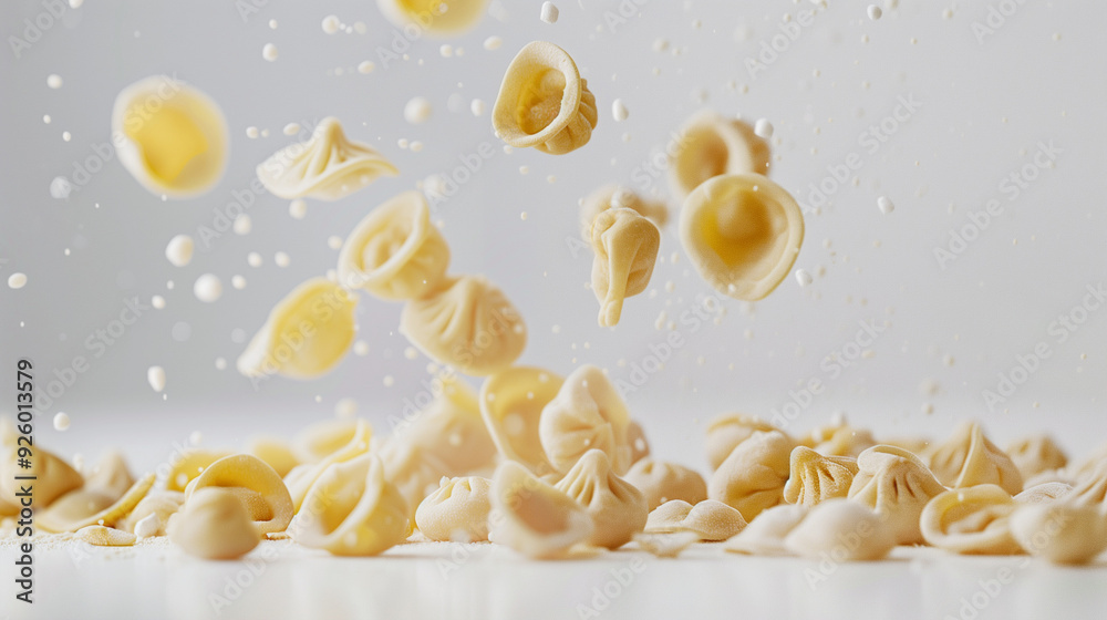 Dumplings in flight against a white background. The focus of the image ...