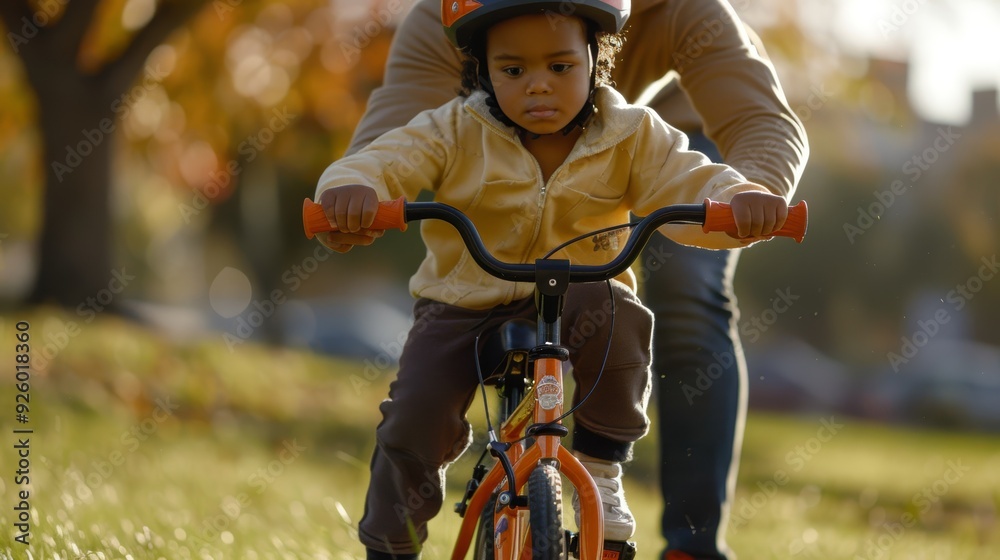 Child Learning to Ride a Bike with Training Wheels and Parent's ...