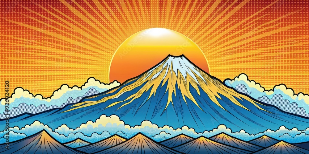 Sun looking over Mount Fuji and other mountains in Japan, in comic book ...