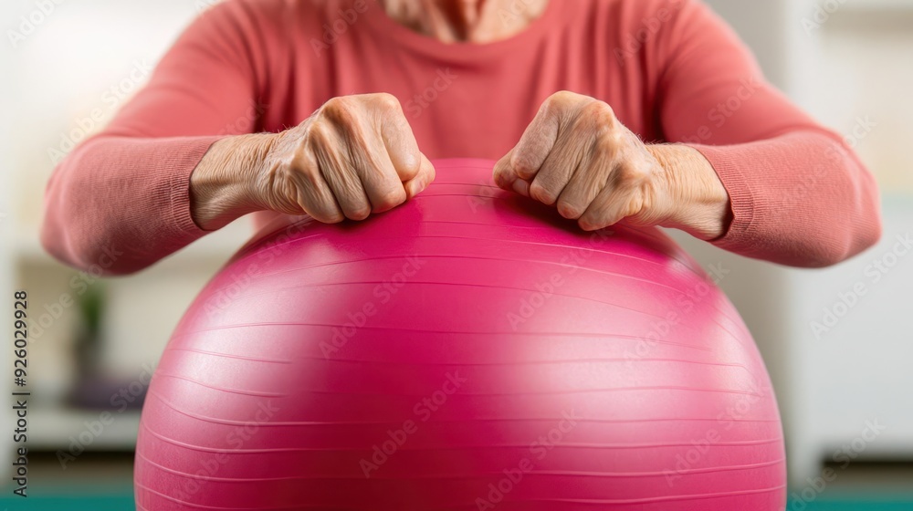 A close-up of an elderly person s hands gripping a stability ball while ...