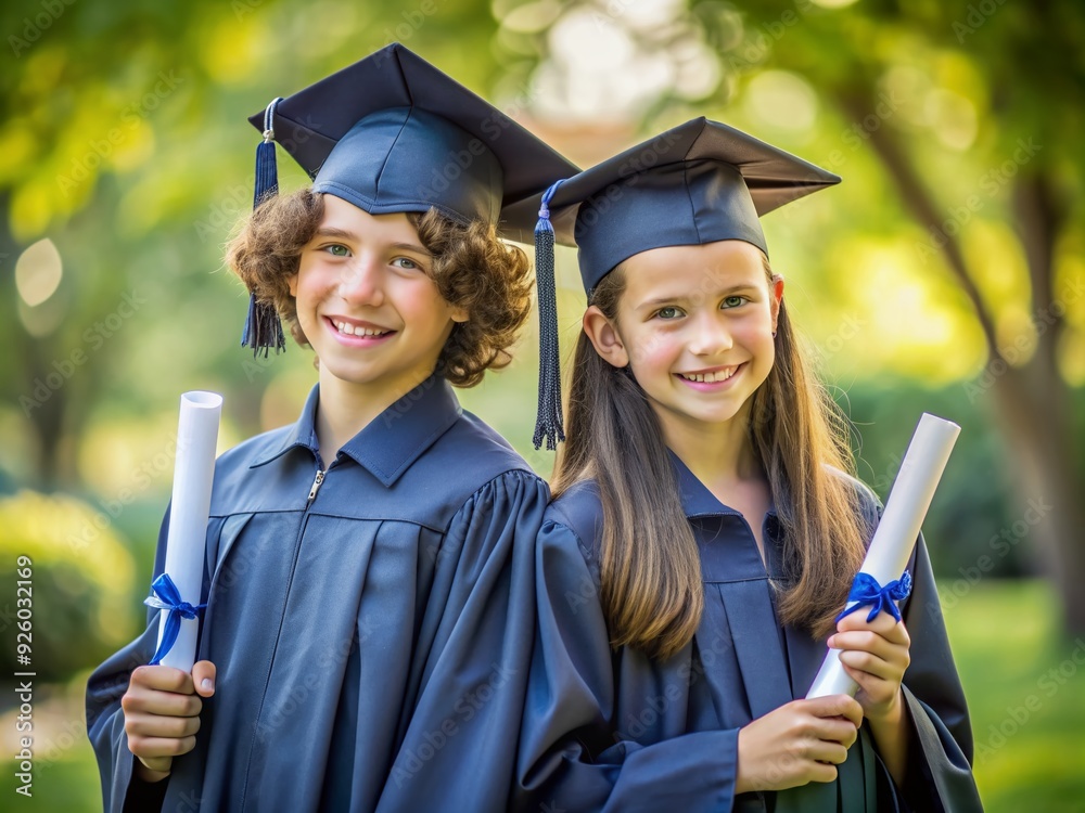 Smiling siblings in graduation caps and gowns stand back to back ...