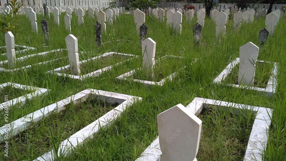 A serene Muslim cemetery with white tombstones, surrounded by greenery. The headstones stand in ...