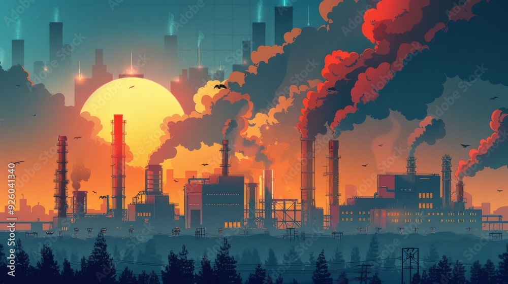 Vector cartoon of CO2 molecules dancing around a factory, illustrating ...