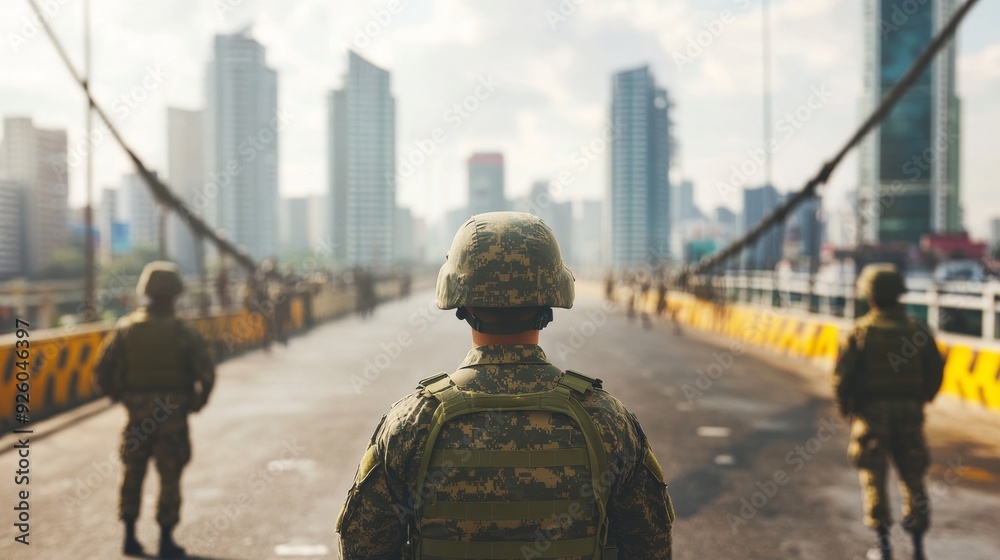 State of Alert - Military Checkpoints on Bridge with City Skyline in ...