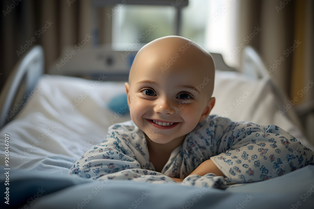 Smiling little child toddler sick kid in medical care bed bald after ...