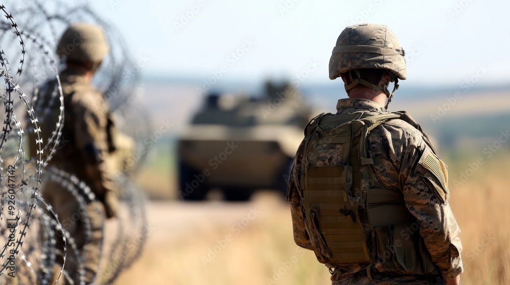 High Security Military Checkpoint with Armored Vehicles and Armed ...