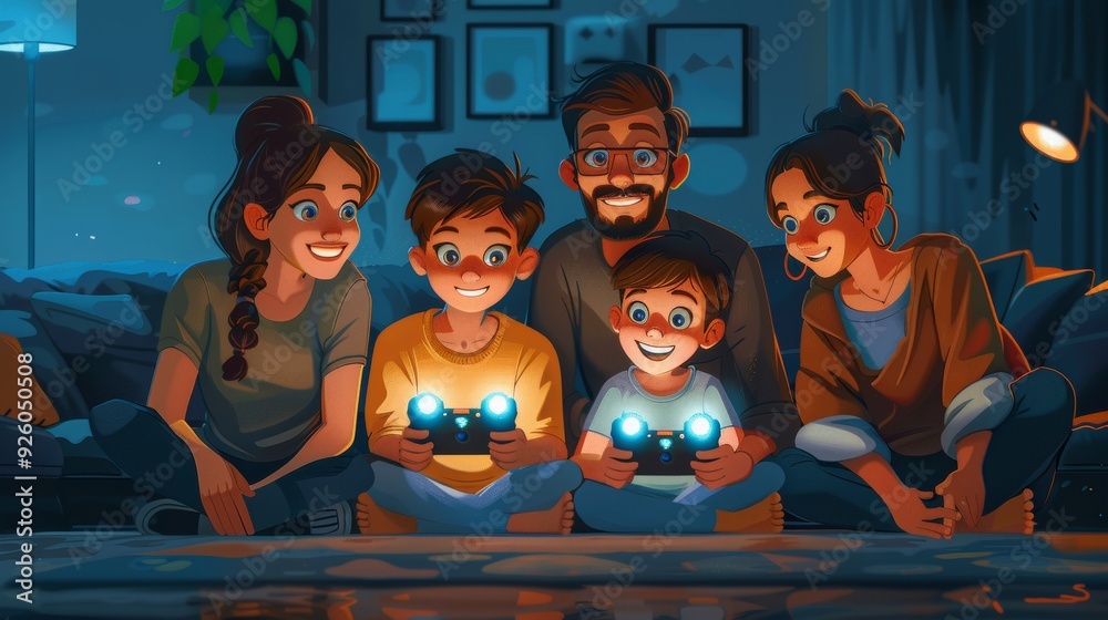 Cartoon vector family enjoying a gaming night, with parents and ...