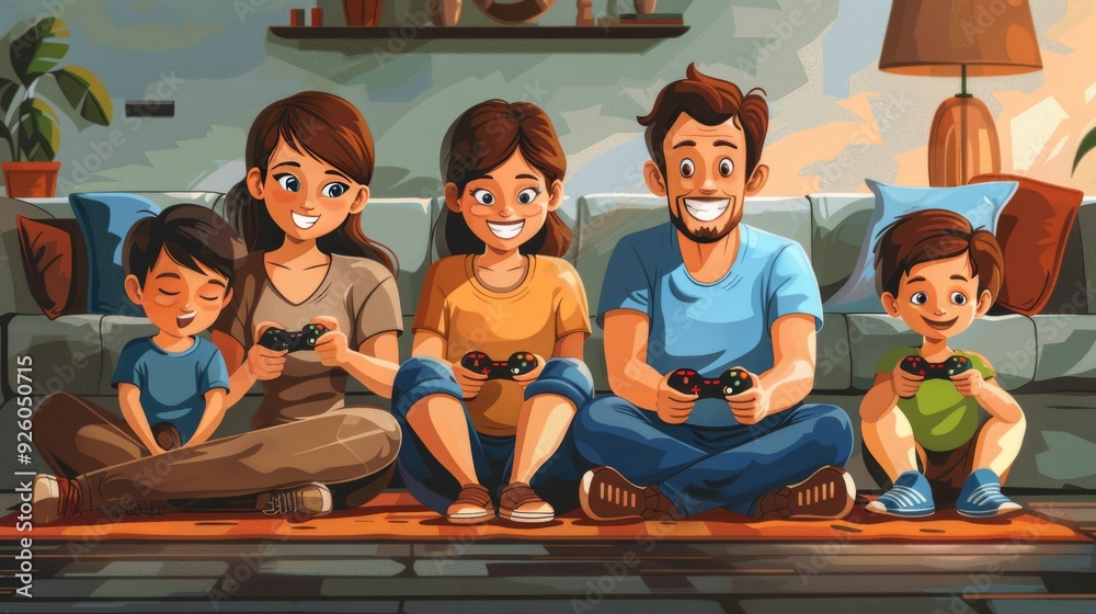Cartoon vector family enjoying a gaming night, with parents and ...
