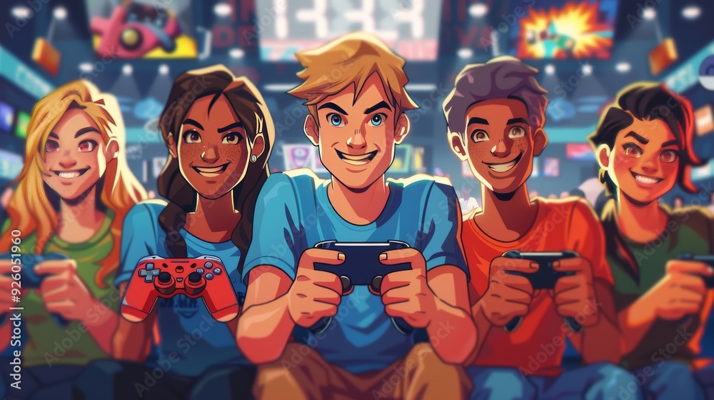 Cartoon Vector Vector scene of friends in a gaming tournament, with ...